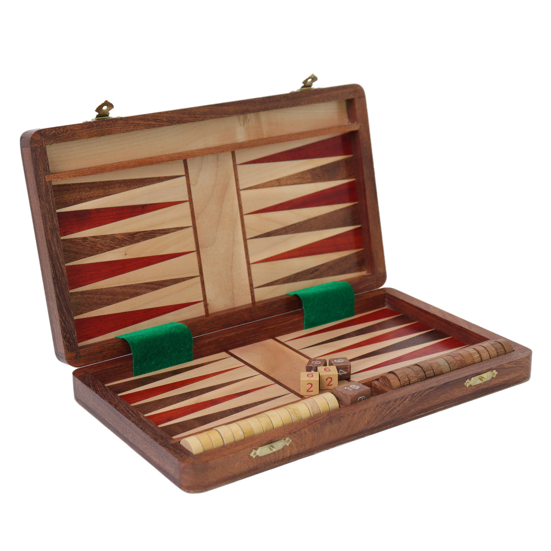 Backgammon | Acacia | Red & Brown Inlay Points | Magnetic | Side Racks – House of Chess